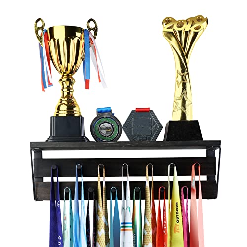 Medal Hanger & Trophy Shelf - Rustic Wood Wall Mount Display Rack, Use as a Medal Display with Shelf, Trophy Rack, Medal Holder and Medal Display Hanger, Race Medal Display and Medal Hanger with Shelf