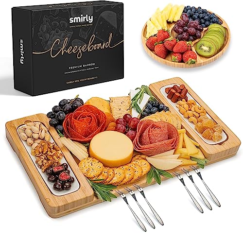 SMIRLY Bamboo Cheese Board Set - Large Charcuterie Board Set - Wooden Cheese Boards Charcuterie Boards - Unique Housewarming Gift - Appetizer & Cheese Platter, Meat and Cheese Tray, Wood Serving Board