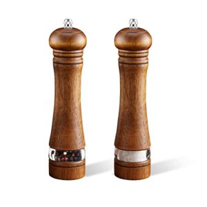 2-piece salt and pepper grinder set, 8 inch wooden salt and pepper mills with adjustable coarseness, refillable manual pepper mill grinder for home cooks (brown)