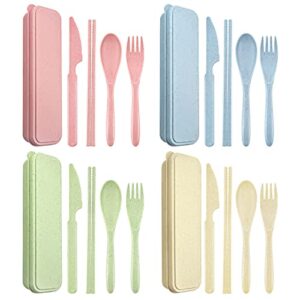 Reusable Utensil Set with Case,Travel Utensil with Chopsticks,Wheat Straw Silverware Including Knife Spoon Fork 4 Sets for Travel Picnic Camping or Daily Use(Green,Beige,Pink,Blue)