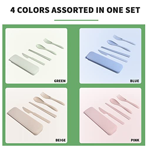 Reusable Utensil Set with Case,Travel Utensil with Chopsticks,Wheat Straw Silverware Including Knife Spoon Fork 4 Sets for Travel Picnic Camping or Daily Use(Green,Beige,Pink,Blue)