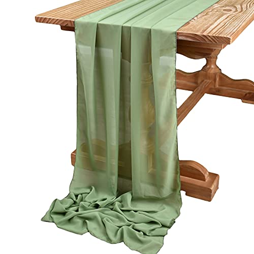 DOLOPL 10ft Sage Green Chiffon Table Runner Wedding Table Runner,29x120 inches Gauze Table Runner,Rustic Sheer Table Decor for Romantic Bridal Baby Shower, Birthday Table Decorations