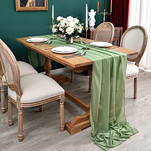 DOLOPL 10ft Sage Green Chiffon Table Runner Wedding Table Runner,29x120 inches Gauze Table Runner,Rustic Sheer Table Decor for Romantic Bridal Baby Shower, Birthday Table Decorations