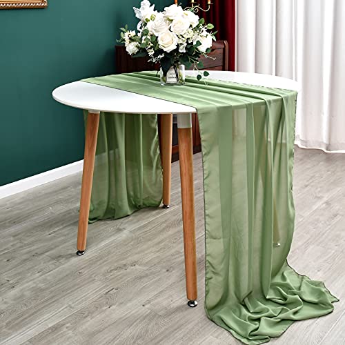 DOLOPL 10ft Sage Green Chiffon Table Runner Wedding Table Runner,29x120 inches Gauze Table Runner,Rustic Sheer Table Decor for Romantic Bridal Baby Shower, Birthday Table Decorations