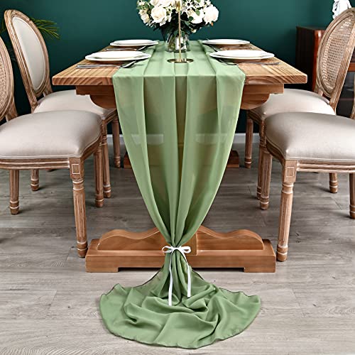 DOLOPL 10ft Sage Green Chiffon Table Runner Wedding Table Runner,29x120 inches Gauze Table Runner,Rustic Sheer Table Decor for Romantic Bridal Baby Shower, Birthday Table Decorations