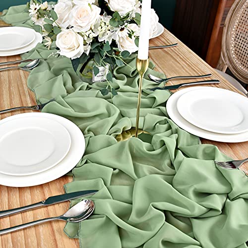 DOLOPL 10ft Sage Green Chiffon Table Runner Wedding Table Runner,29x120 inches Gauze Table Runner,Rustic Sheer Table Decor for Romantic Bridal Baby Shower, Birthday Table Decorations