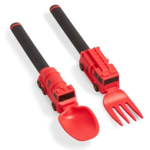 dinneractive utensil set for kids – red firefighter themed fork and spoon for toddlers and young children – 2-piece set