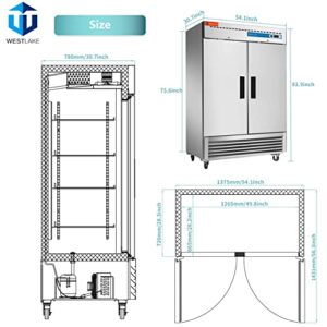 WESTLAKE 54" W Commercial Refrigerator 2 door 2 Section Stainless Steel Reach in Solid door Upright Fan Cooling 49 Cu.ft Cooler for Restuarant, Bar, Shop, etc