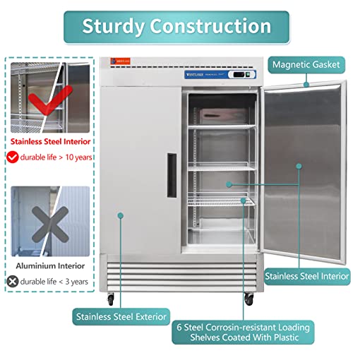 WESTLAKE 54" W Commercial Refrigerator 2 door 2 Section Stainless Steel Reach in Solid door Upright Fan Cooling 49 Cu.ft Cooler for Restuarant, Bar, Shop, etc