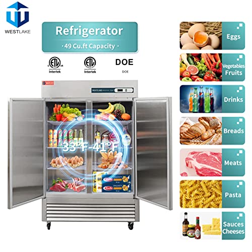 WESTLAKE 54" W Commercial Refrigerator 2 door 2 Section Stainless Steel Reach in Solid door Upright Fan Cooling 49 Cu.ft Cooler for Restuarant, Bar, Shop, etc