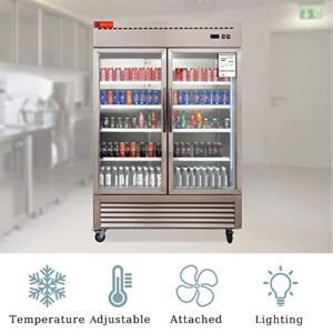 WESTLAKE 54" W Commercial Display Refrigerator 2 Glass Door Merchandiser 2 Section Stainless Steel Reach-in Glass Door Upright Fan Cooling 49 Cu.ft Cooler for Restaurant, Bar, Shop, etc