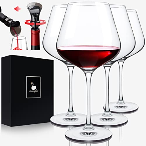 Swanfort Red Wine Glasses Set of 4, Extra Large Stemmed Wine Glasses 23 Oz, with Creative 2 in 1 Wine Stopper and Pourer, Burgundy Wine Glasses in Gift Box for Any Occasions