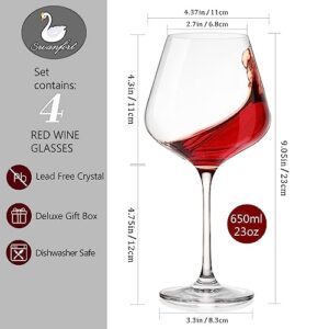 Swanfort Red Wine Glasses Set of 4, Extra Large Stemmed Wine Glasses 23 Oz, with Creative 2 in 1 Wine Stopper and Pourer, Burgundy Wine Glasses in Gift Box for Any Occasions