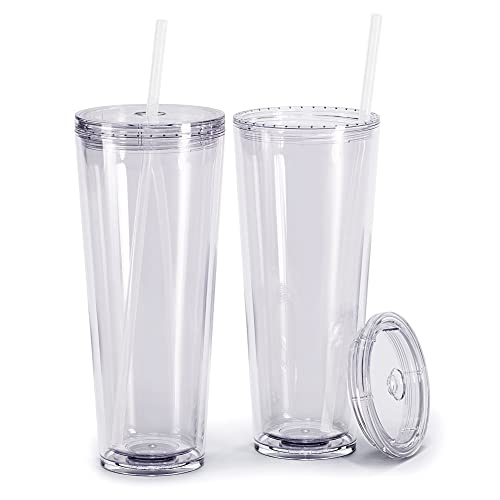 Maars Classic Acrylic Tumbler with Lid and Straw | 24oz Premium Insulated Double Wall Plastic Reusable Cups - Clear, 2 Pack