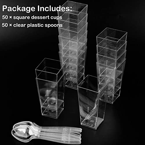 Zezzxu 50Pack 3oz Clear Plastic Dessert Cups with Spoons Mini Square Tall Tumbler Sample Cups for Serving Party Desserts, Appetizers, Fruit Parfait, Mousse, Pudding