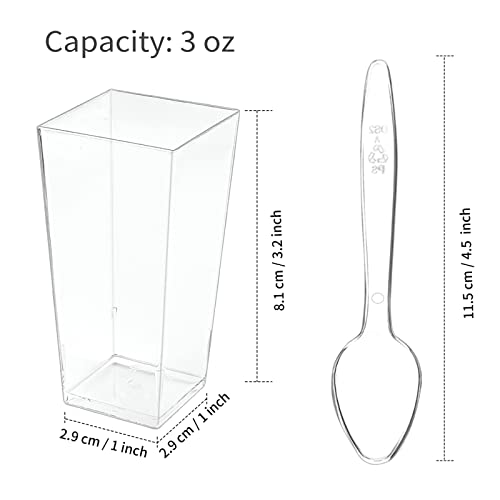 Zezzxu 50Pack 3oz Clear Plastic Dessert Cups with Spoons Mini Square Tall Tumbler Sample Cups for Serving Party Desserts, Appetizers, Fruit Parfait, Mousse, Pudding