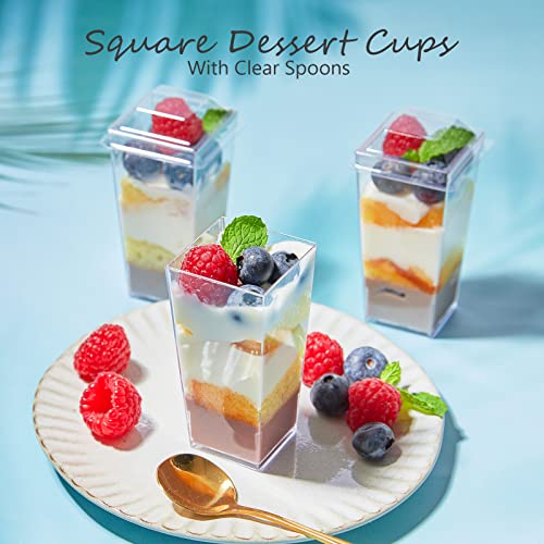 Zezzxu 50Pack 3oz Clear Plastic Dessert Cups with Spoons Mini Square Tall Tumbler Sample Cups for Serving Party Desserts, Appetizers, Fruit Parfait, Mousse, Pudding