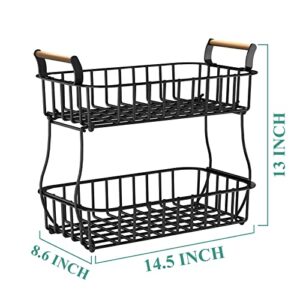 Wisdom Star 2 Tier Fruit Basket Bowl Farmhouse for Kitchen Countertop, Detachable Metal Bread Fruit Vegetable Storage Basket Stand Holder with Wooden Handle, Black