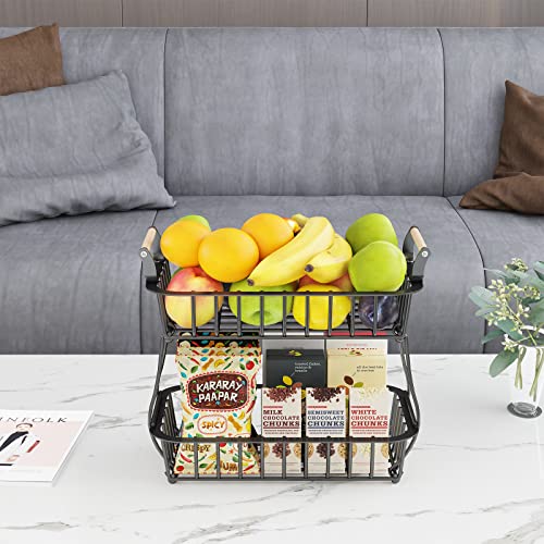 Wisdom Star 2 Tier Fruit Basket Bowl Farmhouse for Kitchen Countertop, Detachable Metal Bread Fruit Vegetable Storage Basket Stand Holder with Wooden Handle, Black