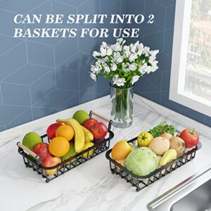 Wisdom Star 2 Tier Fruit Basket Bowl Farmhouse for Kitchen Countertop, Detachable Metal Bread Fruit Vegetable Storage Basket Stand Holder with Wooden Handle, Black