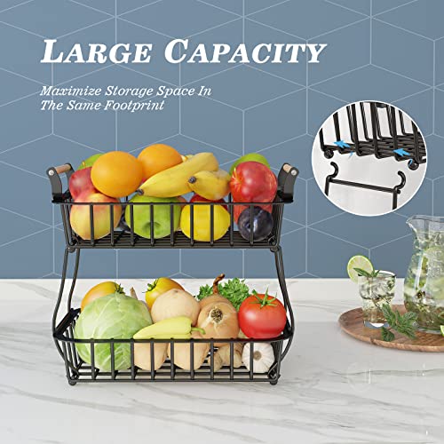 Wisdom Star 2 Tier Fruit Basket Bowl Farmhouse for Kitchen Countertop, Detachable Metal Bread Fruit Vegetable Storage Basket Stand Holder with Wooden Handle, Black