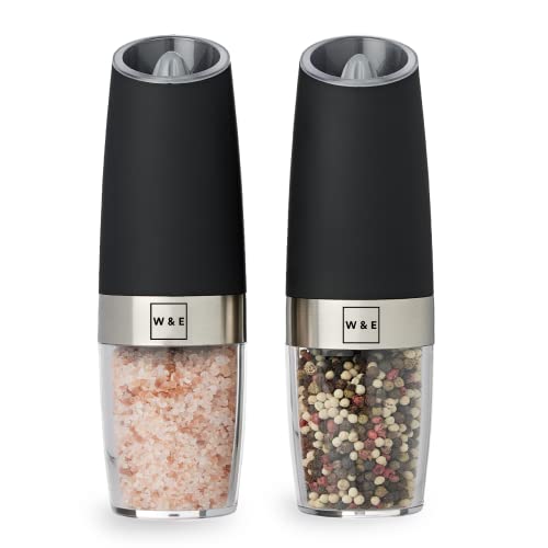 Willow & Everett Electric Salt and Pepper Grinder Set - 2 Battery-Operated, Automatic Salt and Pepper Shakers - Black and Stainless Steel Gravity Electric Salt Grinder & Pepper Mill for Seasoning