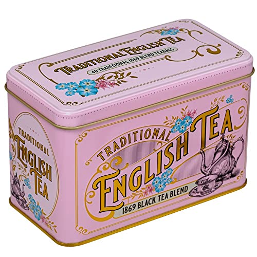 New English Teas Vintage Victorian Tea Tin with 40 Fine 1869 Blend English Teabags (Pink)