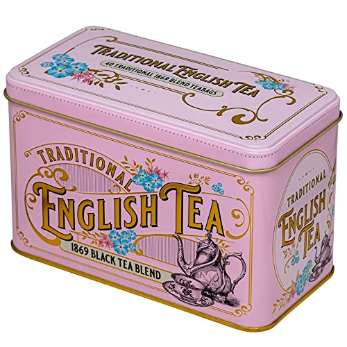 New English Teas Vintage Victorian Tea Tin with 40 Fine 1869 Blend English Teabags (Pink)