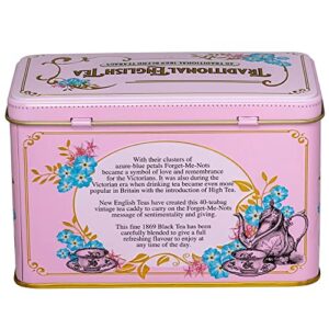 New English Teas Vintage Victorian Tea Tin with 40 Fine 1869 Blend English Teabags (Pink)