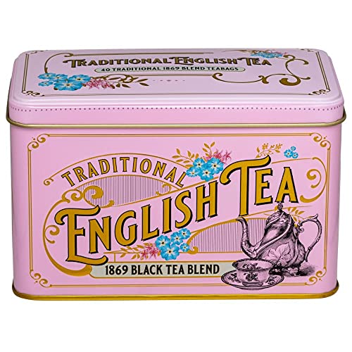 New English Teas Vintage Victorian Tea Tin with 40 Fine 1869 Blend English Teabags (Pink)