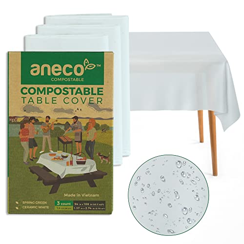 ANECO 100% Compostable Tablecloths for Rectangle Tables (54''x108'', 3 Count) - White Disposable Rectangular Tablecloth - Anti-Plastic Table Cover for Outdoor, Party, Picnic, Wedding