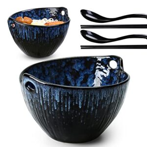 jh jiemei home ramen bowl with chopsticks and spoons set, 7 inch ceramic noodle bowl set of 2, dishwasher safe for pho udon soba noodle salad pasta, special reactive glazed navy bowls set