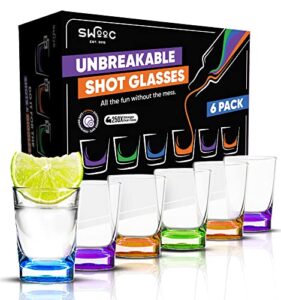 swooc - unbreakable shot glasses set (6 pack) - 250x stronger than glass, 25x stronger than acrylic - colorful & dishwasher-safe - 1.5oz reusable drinkware for indoor/outdoor fun - dunzo compatible