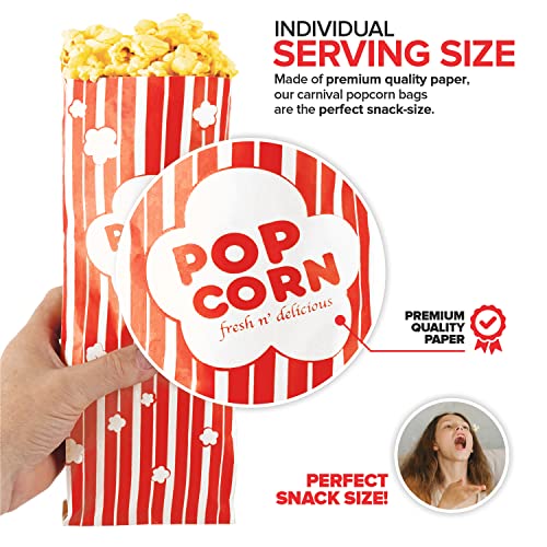 2 oz Paper Popcorn Bags Bulk (100 Pack) Large Red & White Pop-corn Bag Disposable for Carnival Themed Party, Movie Night, Halloween, Popcorn Machine Accessories & Supplies, Individual Servings