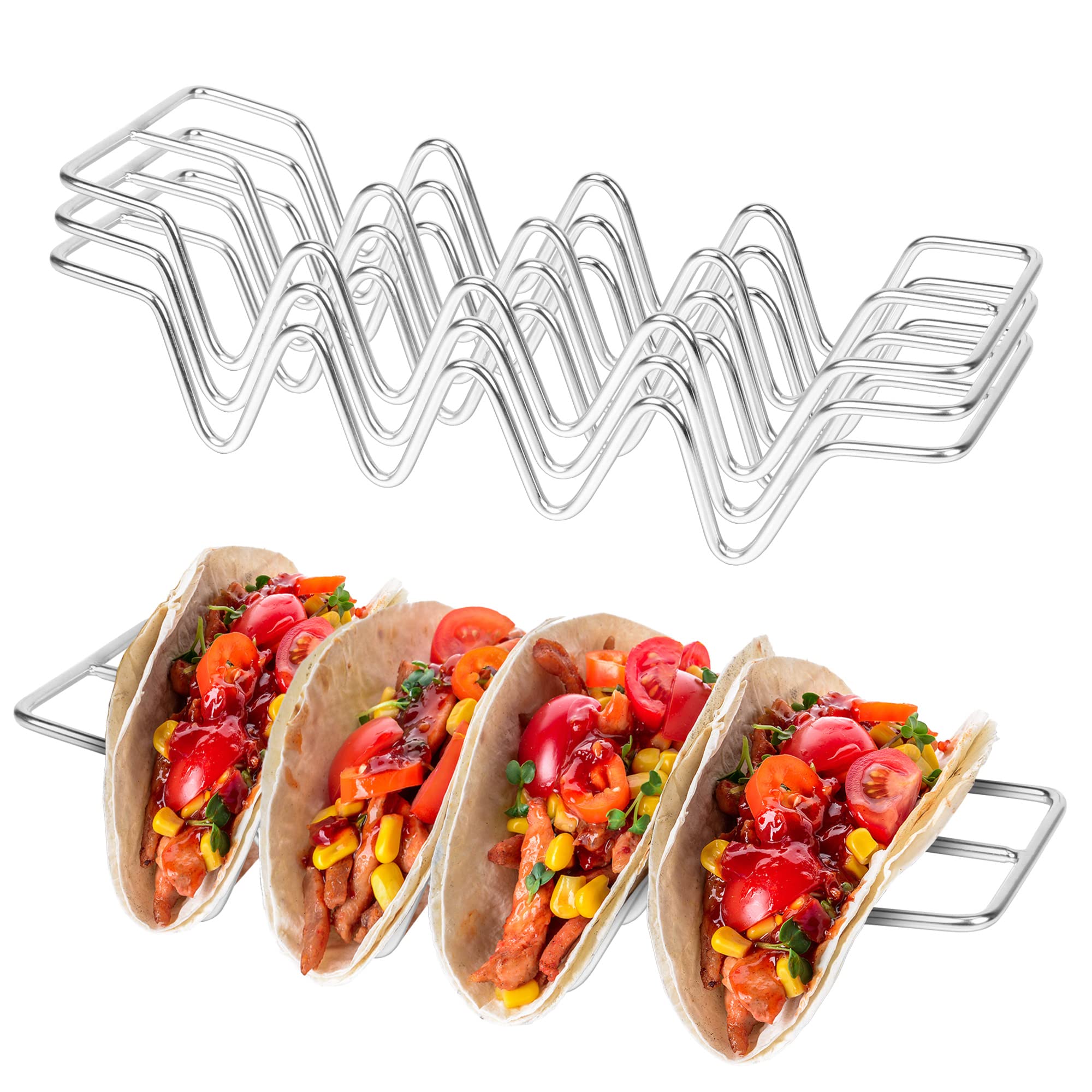 Taco Holders set of 3,Stainless Steel Taco Shell Holder Stand,Taco Tray Plates for Taco Bar Gifts Accessories,Holds 4 Tacos Each,Oven Safe for Baking, Dishwa sher and Grill Safe