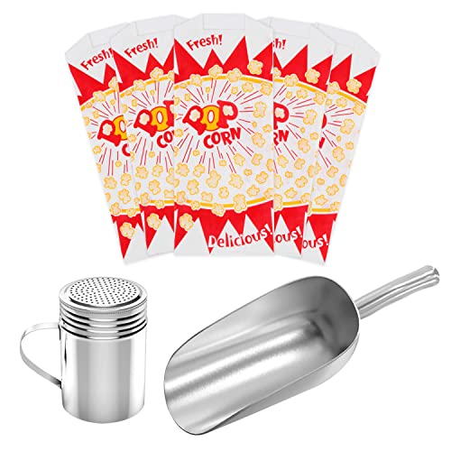 Popcorn Machine Supplies Set, 100 Popcorn Bags (1 oz. Paragon 1029), 1-12 oz. Popcorn Scoop, 1-10 oz. Popcorn Season Salt Shaker