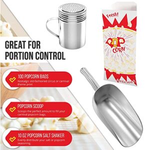 Popcorn Machine Supplies Set, 100 Popcorn Bags (1 oz. Paragon 1029), 1-12 oz. Popcorn Scoop, 1-10 oz. Popcorn Season Salt Shaker