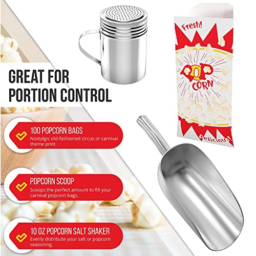 Popcorn Machine Supplies Set, 100 Popcorn Bags (1 oz. Paragon 1029), 1-12 oz. Popcorn Scoop, 1-10 oz. Popcorn Season Salt Shaker