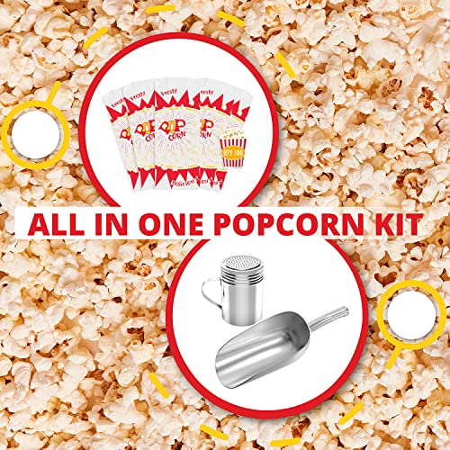 Popcorn Machine Supplies Set, 100 Popcorn Bags (1 oz. Paragon 1029), 1-12 oz. Popcorn Scoop, 1-10 oz. Popcorn Season Salt Shaker