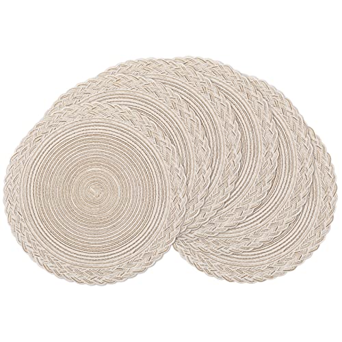 SHACOS Round Placemats Set of 6 Woven Round Table Mats 15 inch Braided Border Washable Cotton Polyester Circle Place Mats, Ivory