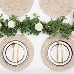 SHACOS Round Placemats Set of 6 Woven Round Table Mats 15 inch Braided Border Washable Cotton Polyester Circle Place Mats, Ivory