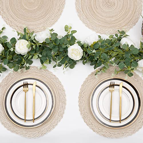 SHACOS Round Placemats Set of 6 Woven Round Table Mats 15 inch Braided Border Washable Cotton Polyester Circle Place Mats, Ivory