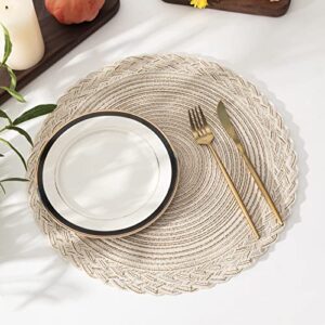 SHACOS Round Placemats Set of 6 Woven Round Table Mats 15 inch Braided Border Washable Cotton Polyester Circle Place Mats, Ivory