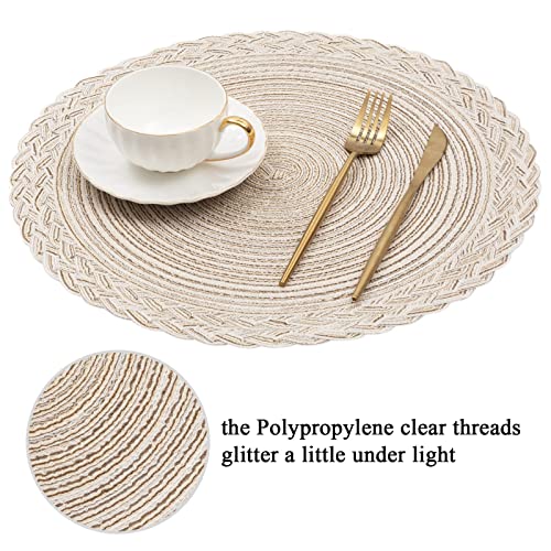 SHACOS Round Placemats Set of 6 Woven Round Table Mats 15 inch Braided Border Washable Cotton Polyester Circle Place Mats, Ivory