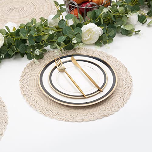 SHACOS Round Placemats Set of 6 Woven Round Table Mats 15 inch Braided Border Washable Cotton Polyester Circle Place Mats, Ivory