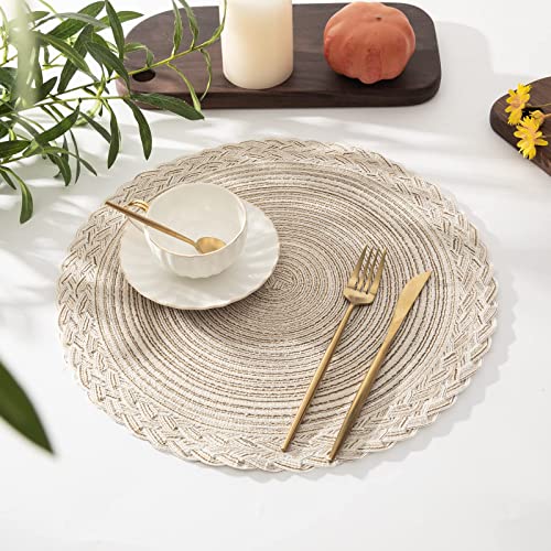 SHACOS Round Placemats Set of 6 Woven Round Table Mats 15 inch Braided Border Washable Cotton Polyester Circle Place Mats, Ivory