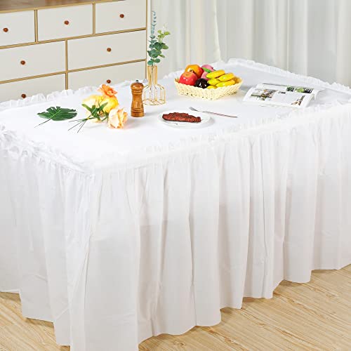 5 Pack Plastic Table Skirts for Rectangle Tables with 5 Pack Table Cloths, Blue Tableskirts and 54" x 108" Tablecloths, Disposable Tablecloth Skirt Table Covers for Party Birthday Baby Shower (White)