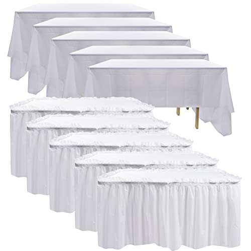 5 Pack Plastic Table Skirts for Rectangle Tables with 5 Pack Table Cloths, Blue Tableskirts and 54" x 108" Tablecloths, Disposable Tablecloth Skirt Table Covers for Party Birthday Baby Shower (White)