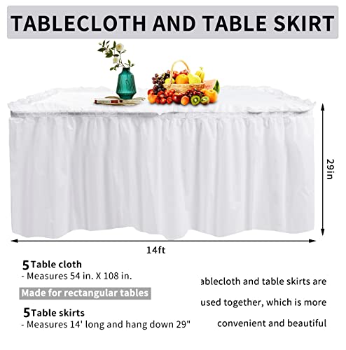 5 Pack Plastic Table Skirts for Rectangle Tables with 5 Pack Table Cloths, Blue Tableskirts and 54" x 108" Tablecloths, Disposable Tablecloth Skirt Table Covers for Party Birthday Baby Shower (White)