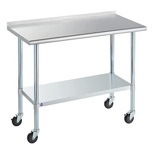 ROCKPOINT Stainless Steel Table for Prep & Work with Backsplash, Caster Wheels 48x24 Inches, NSF Metal Commercial Kitchen Table with Adjustable Under Shelf & Table Foot for Restaurant, Home & Hotel